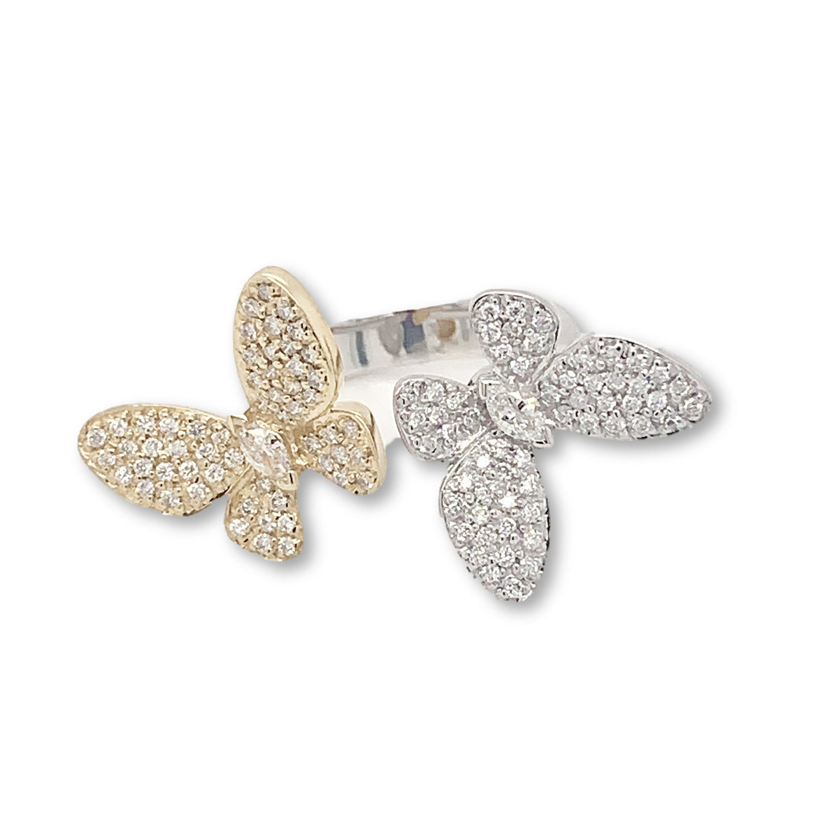 Paved Round Brilliant Cut Diamond Double Butterfly Ring 18kt Yellow an ...